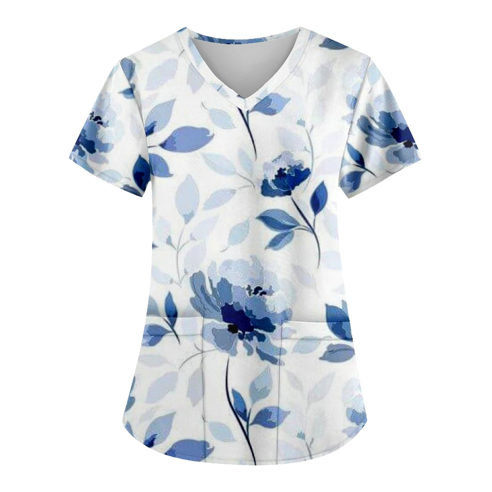 EHTMSAK Womens Scrub Tops Floral with Pocket Short Sleeve V-Neck Tops ...