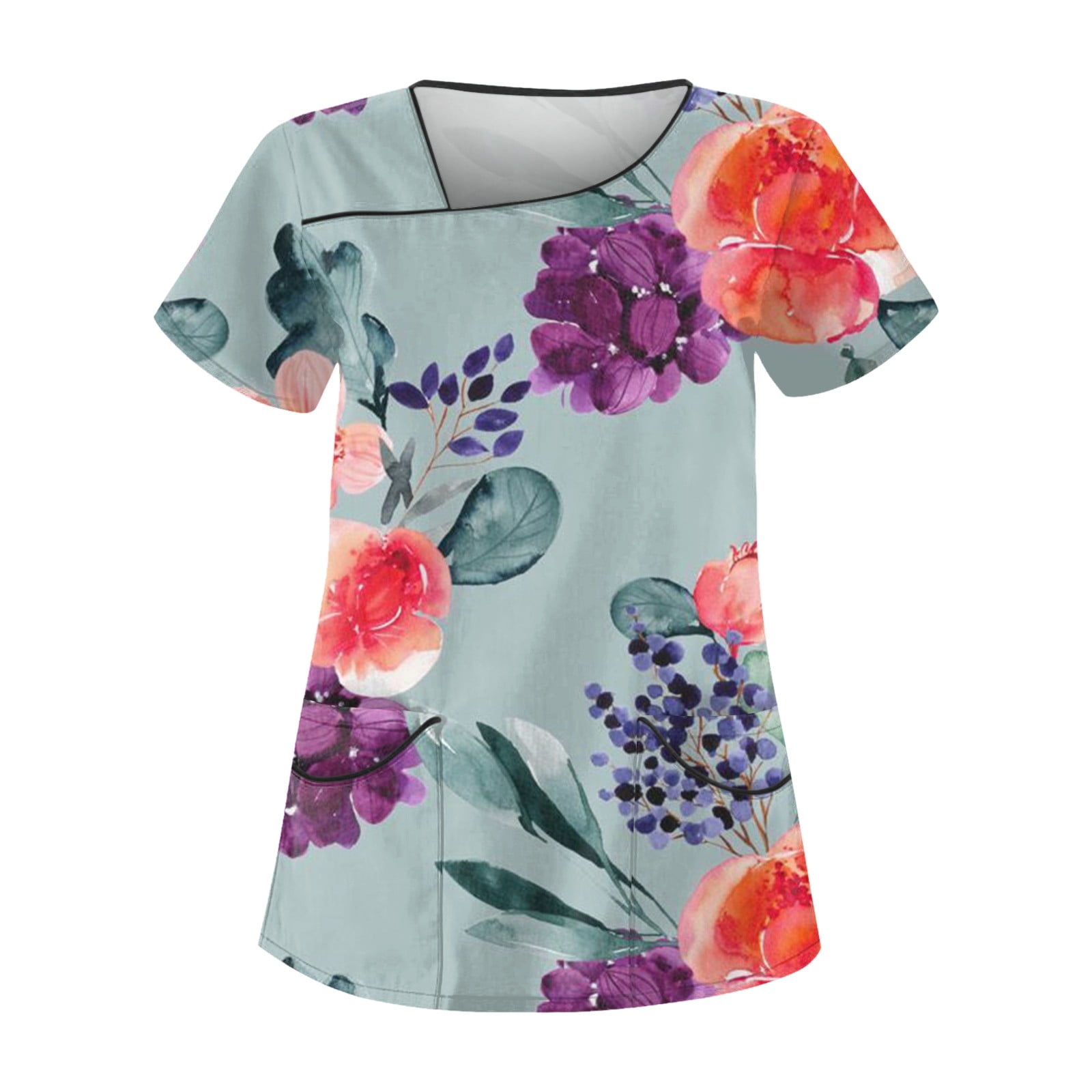 EHTMSAK Womens Scrub Tops Floral with Pocket Nurse Working Uniforms ...