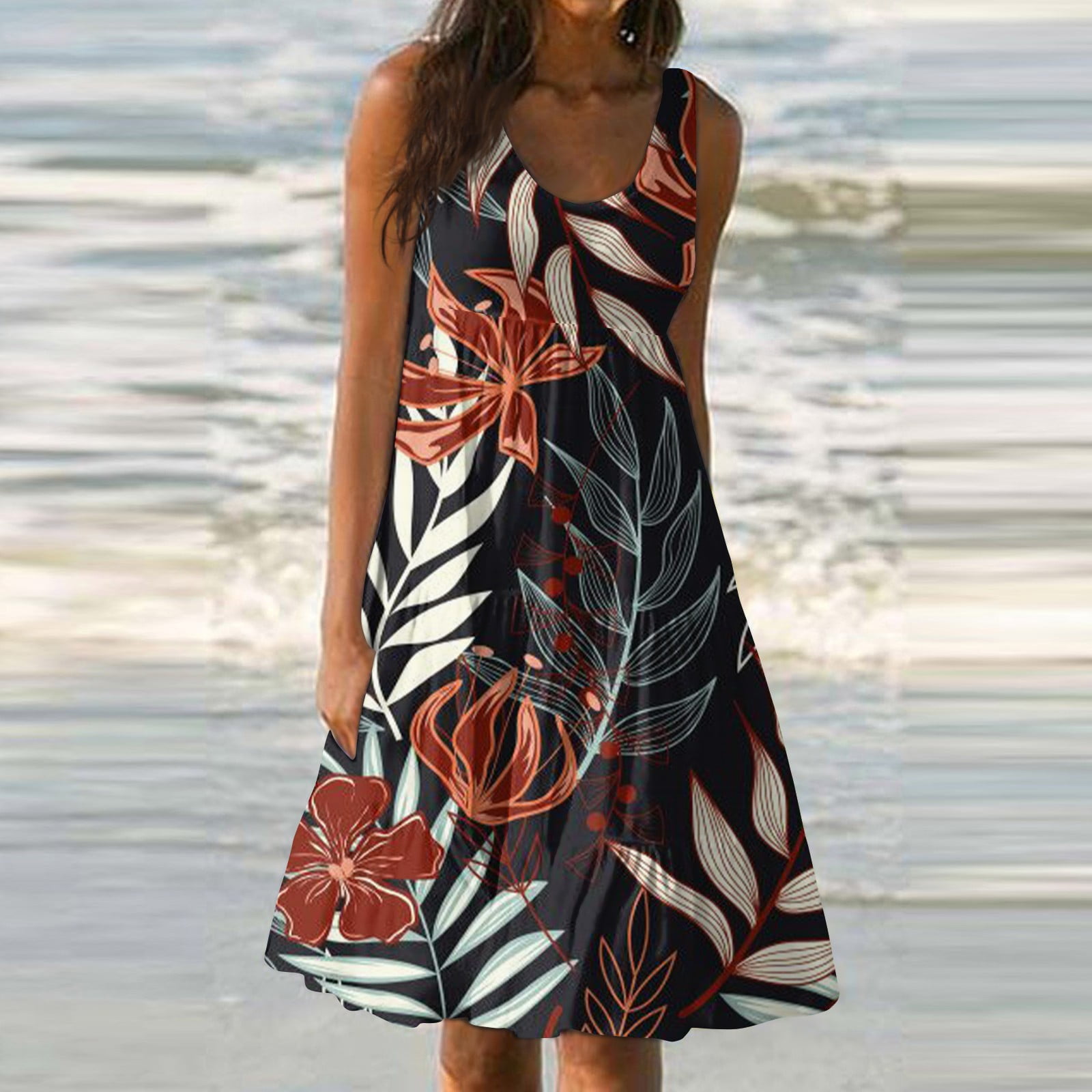 EHTMSAK Womens Summer Dresses Beach Hawaiian Tropical Palm Crew Neck ...