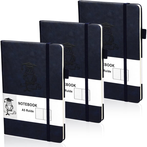 EHWINE 3 Pack A5 Lined Journal Notebooks with Pocket, Dark Blue Leather ...