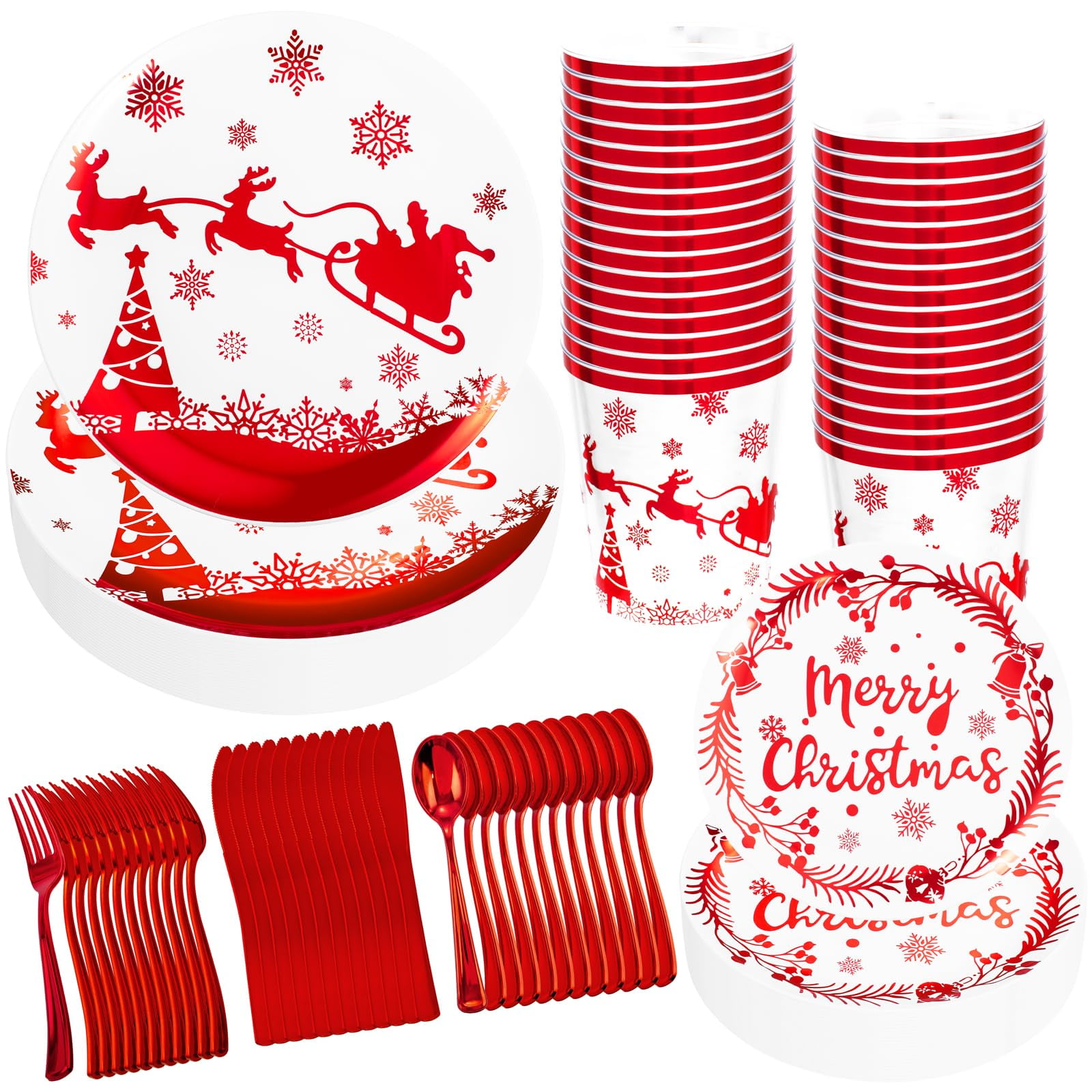 EI 150pcs Christmas Red and White AD01 Plastic Plates,Christmas Plastic ...