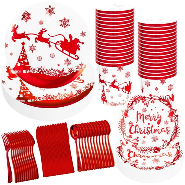 EI 150pcs Christmas Red and White AD01 Plastic Plates,Christmas Plastic ...
