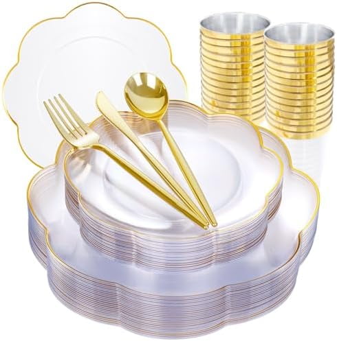 EI 180pcs Clear and Gold Plastic Plates with Gold Plastic Silverware ...