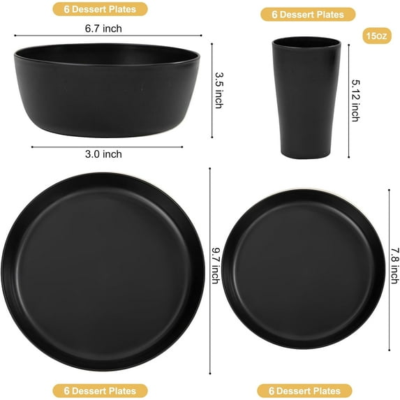 EI 24pcs Black Wheat Straw Plates,Wheat Straw Dinnerware Set,Plates and ...