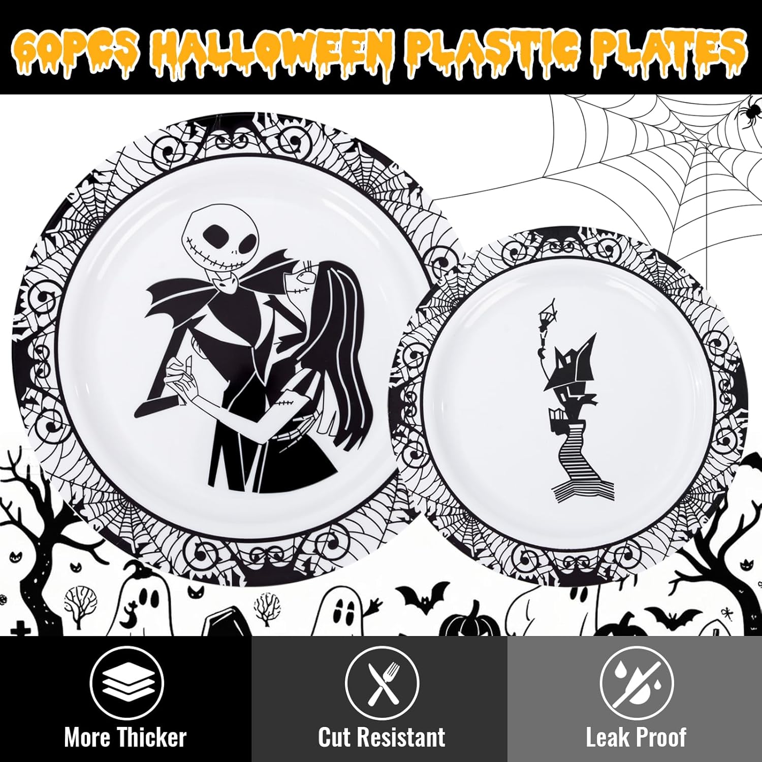 EI 60pcs Halloween Plastic Plates,Black and White Disposable Plate ...