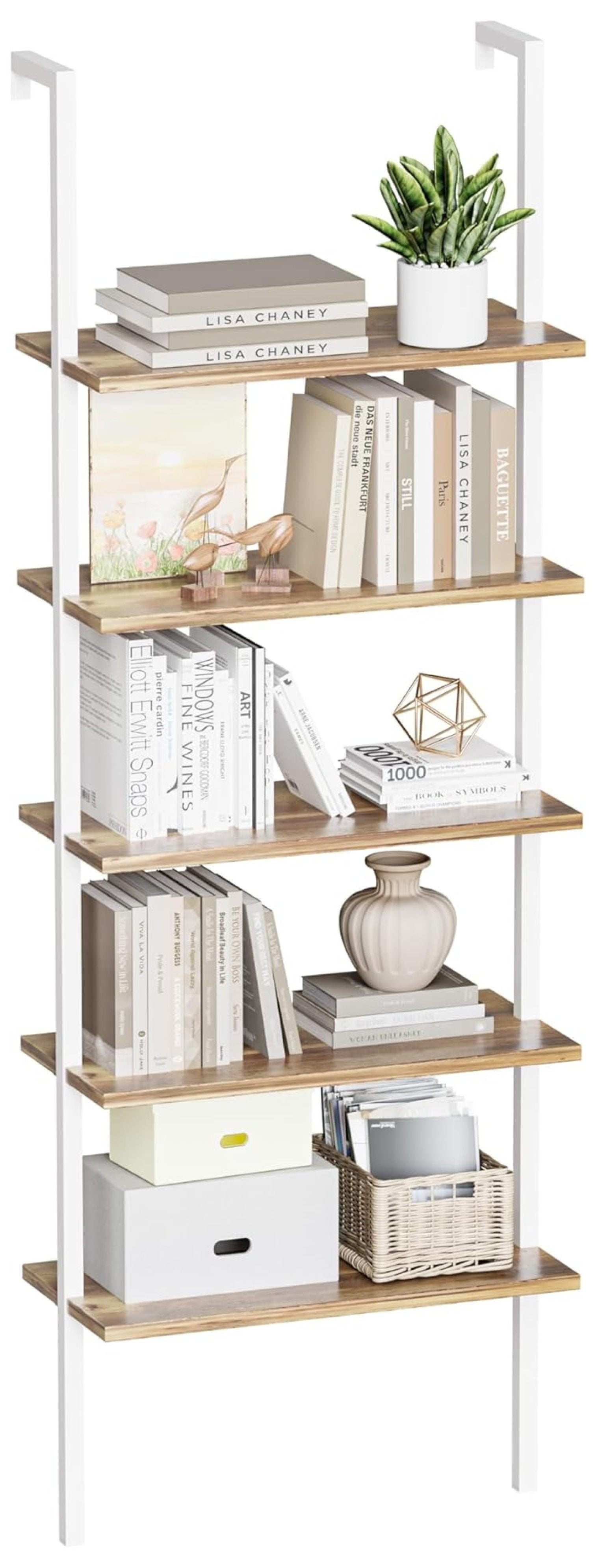 EIGHTNINE 5-Tier Bookshelf, Wall Mount Ladder Shelf with Wood Board and ...