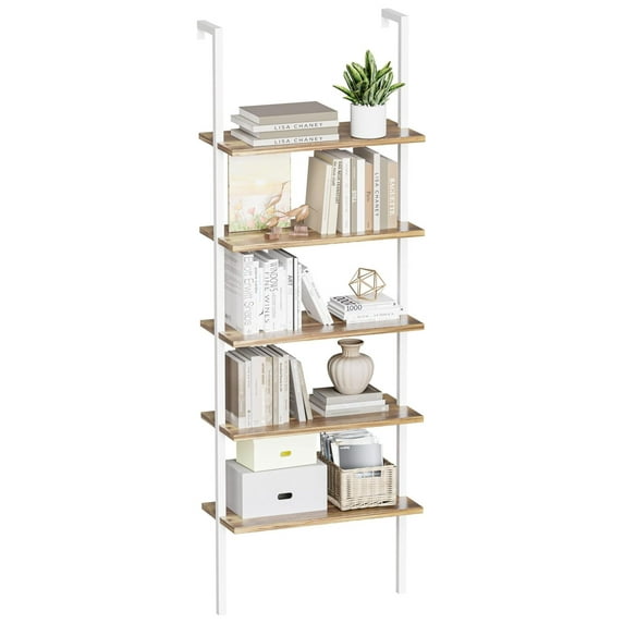 EIGHTNINE 5-Tier Bookshelf, Wall Mount Ladder Shelf with Wood Board and ...