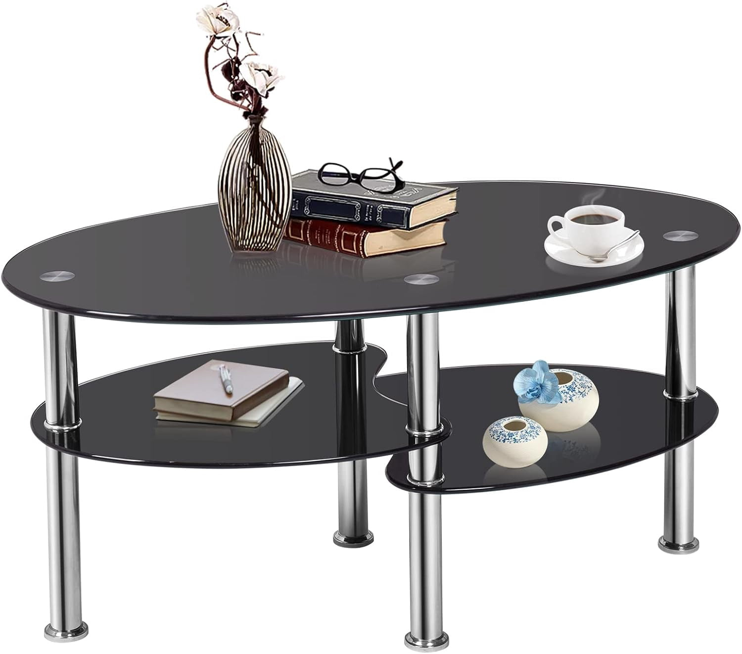 EIGHTNINE Glass Coffee Table, 3-Tier Sofa Side Table with Metal Tube ...