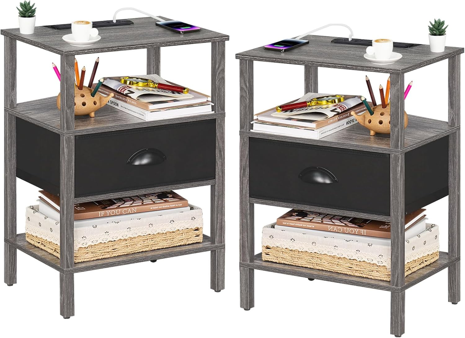 EIGHTNINE Nightstand Set of 2 with Charging Station and USB Ports, 3 ...