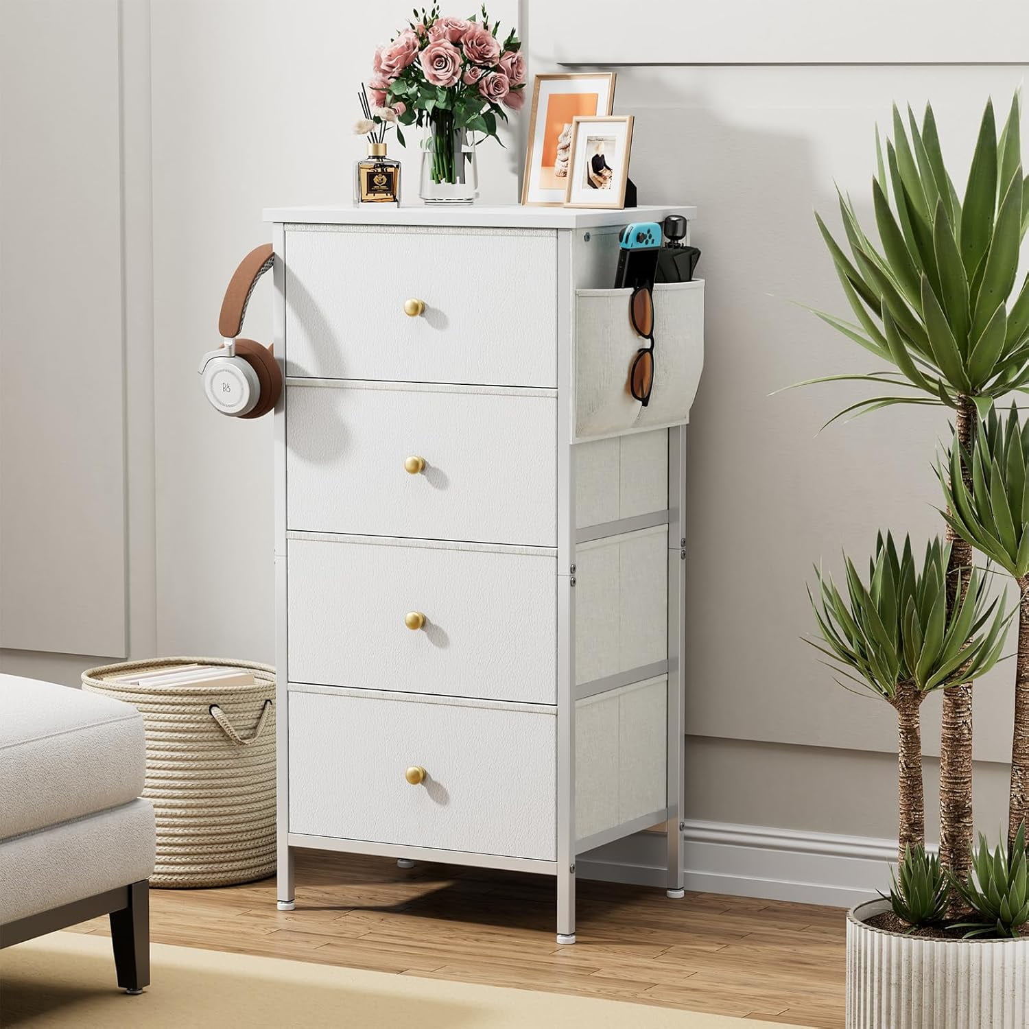 EIGHTNINE Tall Dresser with 4 Fabric Drawers, White Dresser for Bedroom ...