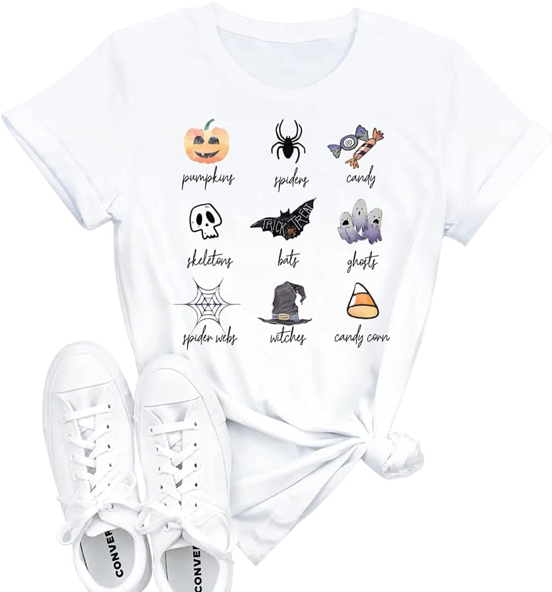 EIGIAGWNG Womens Fall Pumpkin T-Shirts Funny Short Sleeve Halloween ...