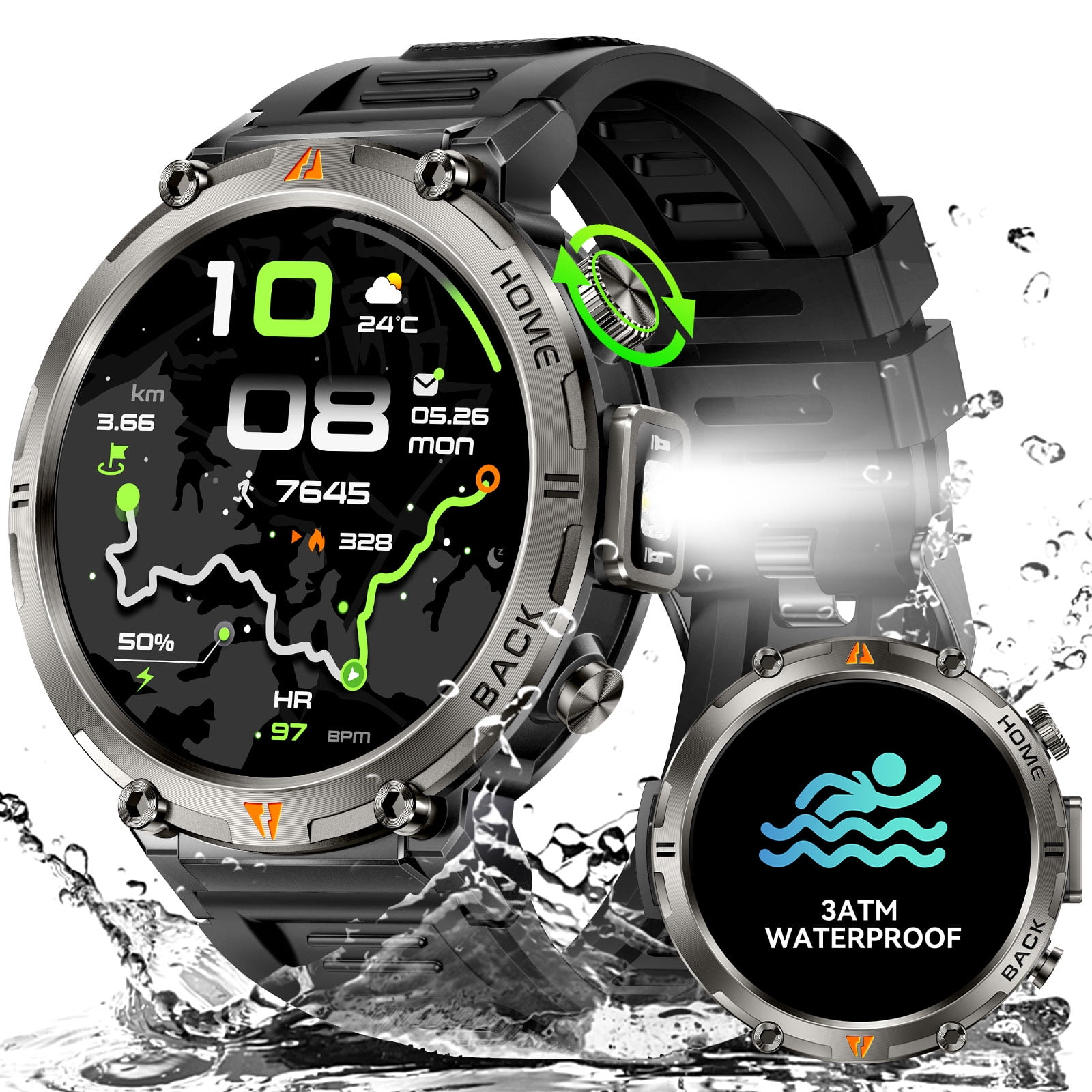 EIGIIS KE3Pro Smart Watch with Flashlight for Men, 3ATM Waterproof Watch with GPS, 530mAh ...