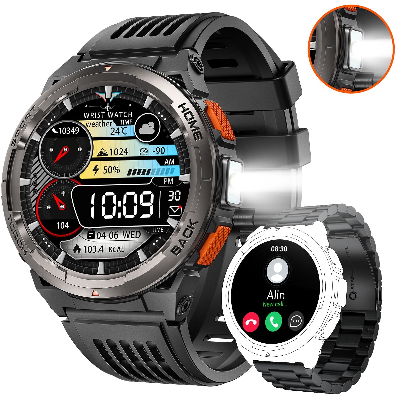 EIGIIS KE5 3ATM Waterproof Smartwatch for Men with LED Flashlight 1.45 ...