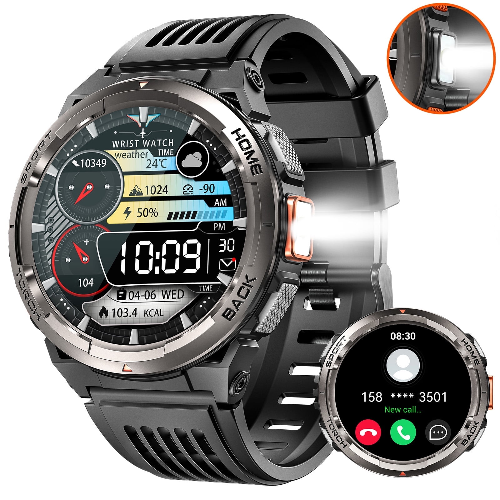 EIGIIS KE5 3ATM Waterproof Smartwatch for Men with LED Flashlight 1.45 ...