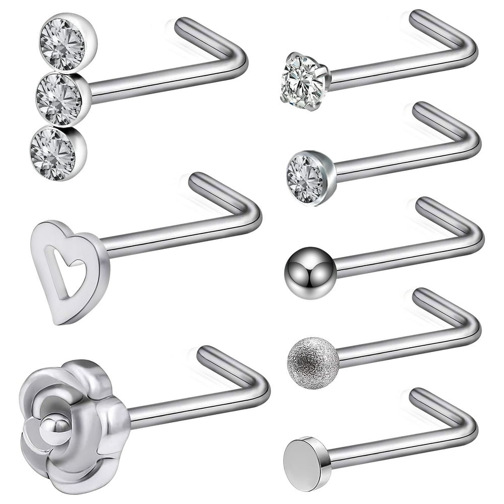 EIGTHTAIL 8 Pcs Nose Rings L Shaped Nose Studs Flower 20G Nose Screws ...