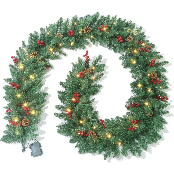 EIGTHTAIL 9FT Pre-lit Christmas Garland with Red Berry and Pine Cones ...
