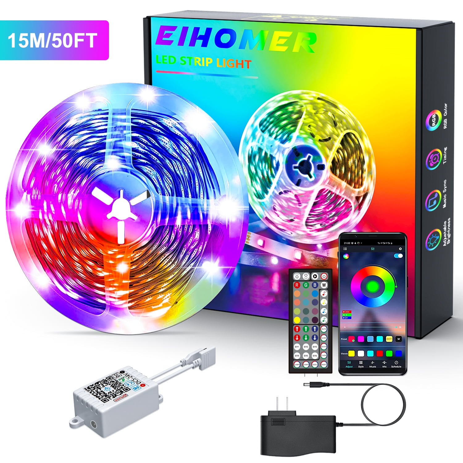 EIHOMER 50ft RGB LED Strip Lights, Multi-Color Changing Rope Lights ...