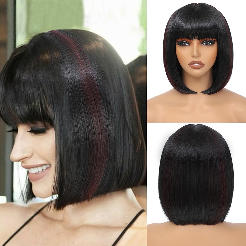EIKODO-12 Inch Short Bob Wigs with Bangs Straight Bob Wigs for Women ...