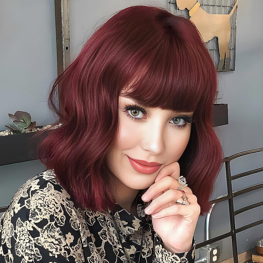 EIKODO-14 Inch Wine Red Wavy Bob Wig with Bangs for Women Stylish ...