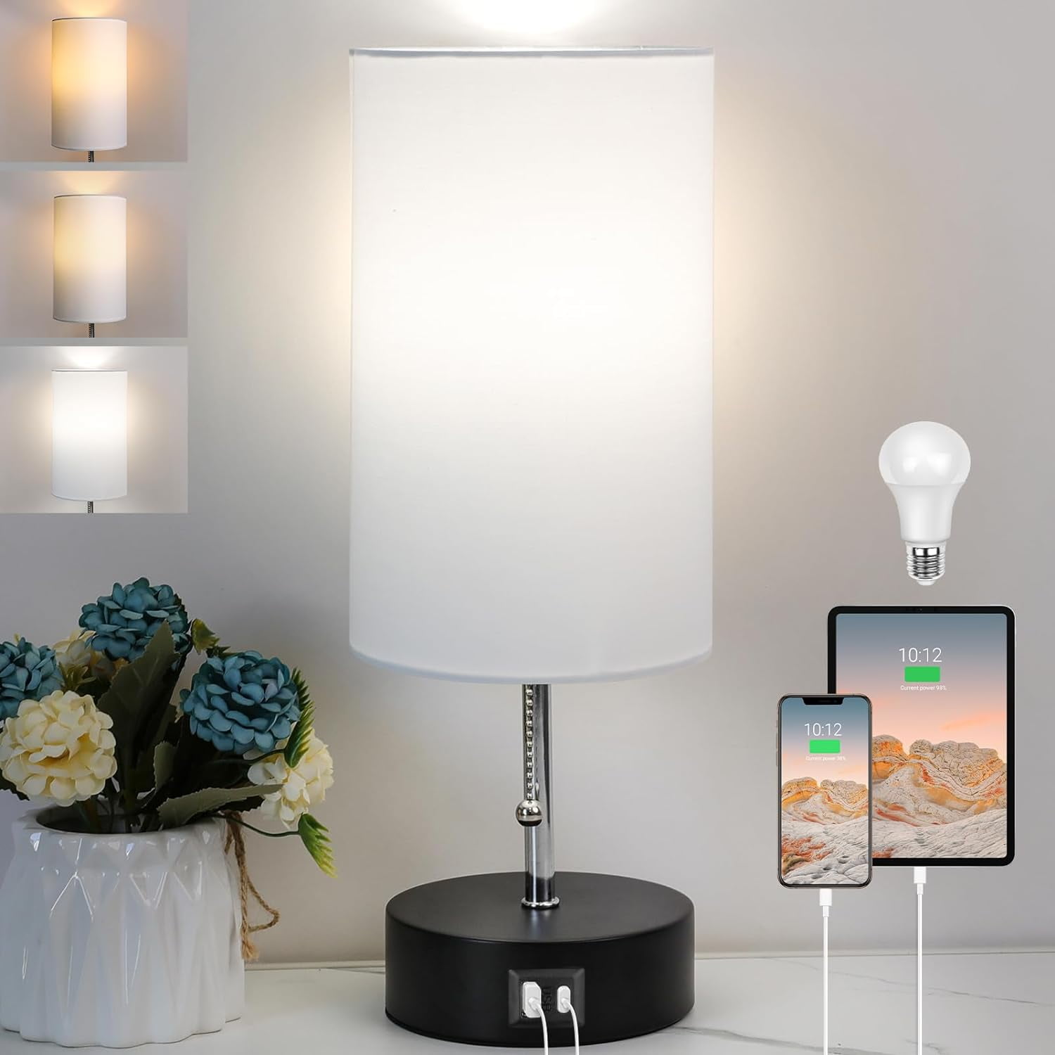 EIKODO-3-Color Temperature Bedside Lamp Nightstand Lamp with USB A Port ...