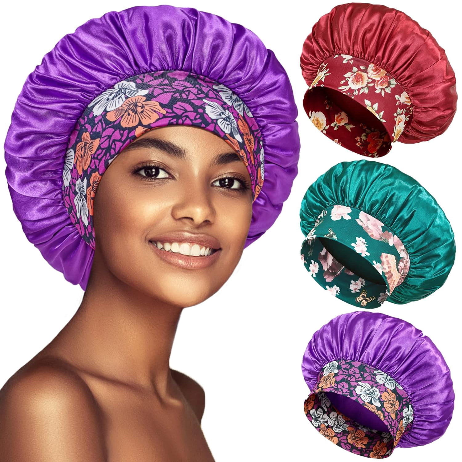 EIKODO-3 Pack Satin Bonnet Silk Hair Bonnet for Sleeping, Sleep Bonnets ...