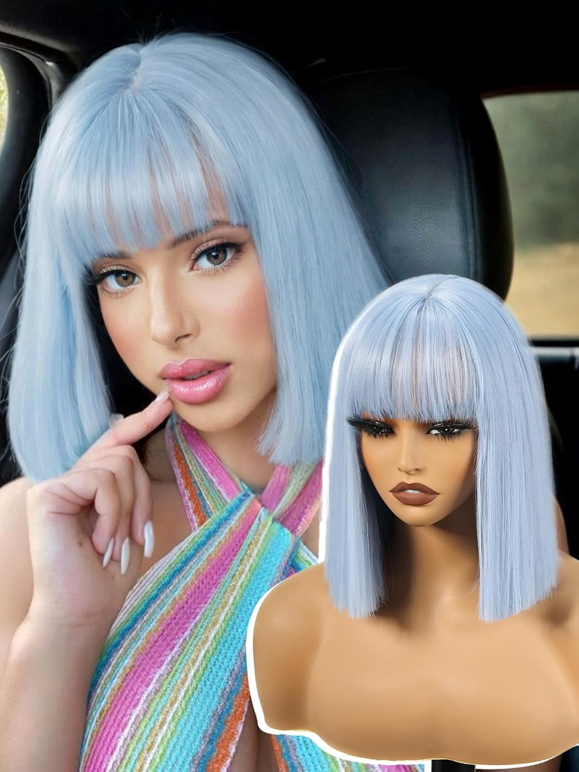 EIKODO-Blue Bob Wig with Bangs, Short Straight Hair Wigs for Women ...