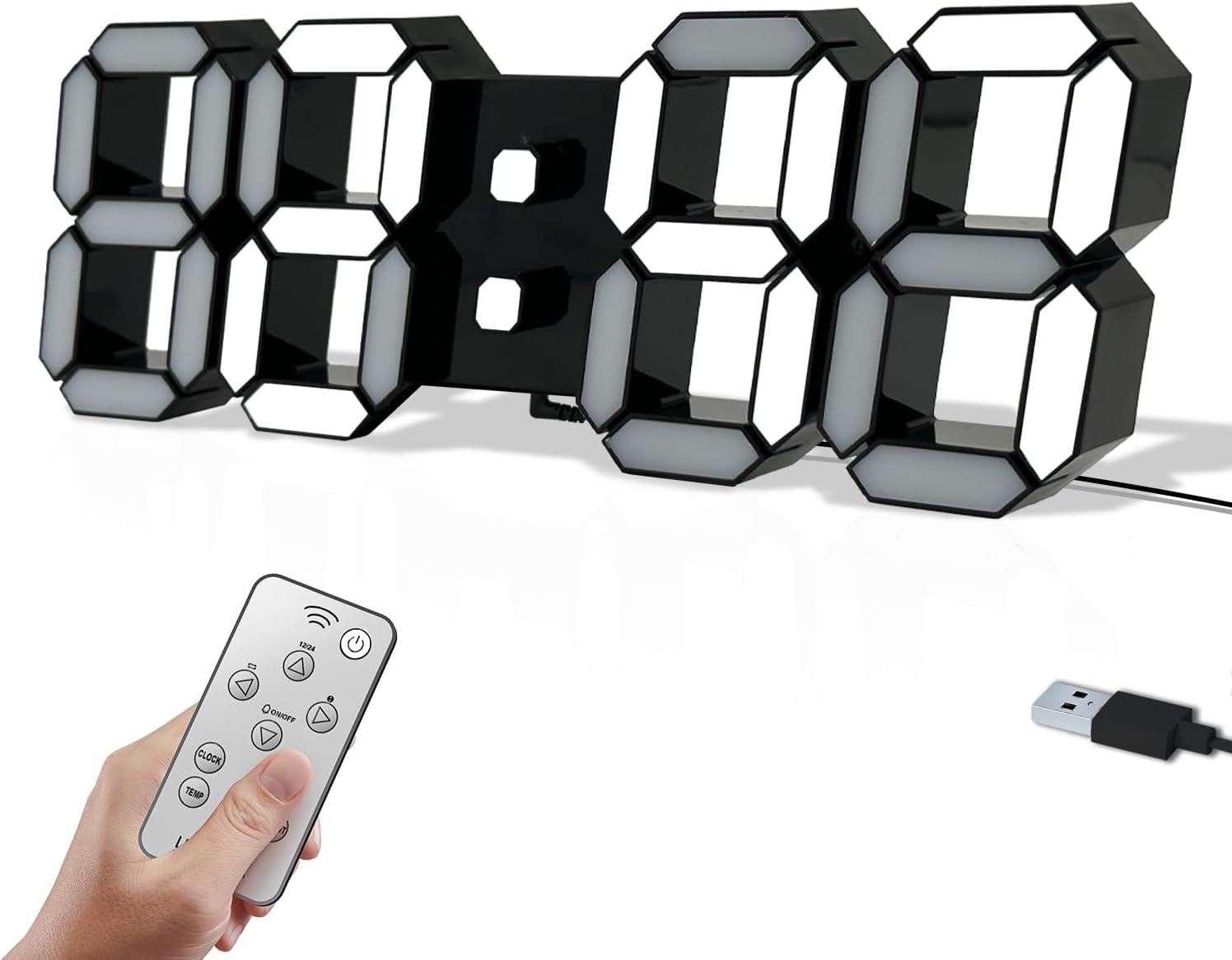 EIKODO-Digital Wall Clocks - 15'' 3D LED Clock, Cool White Light and ...