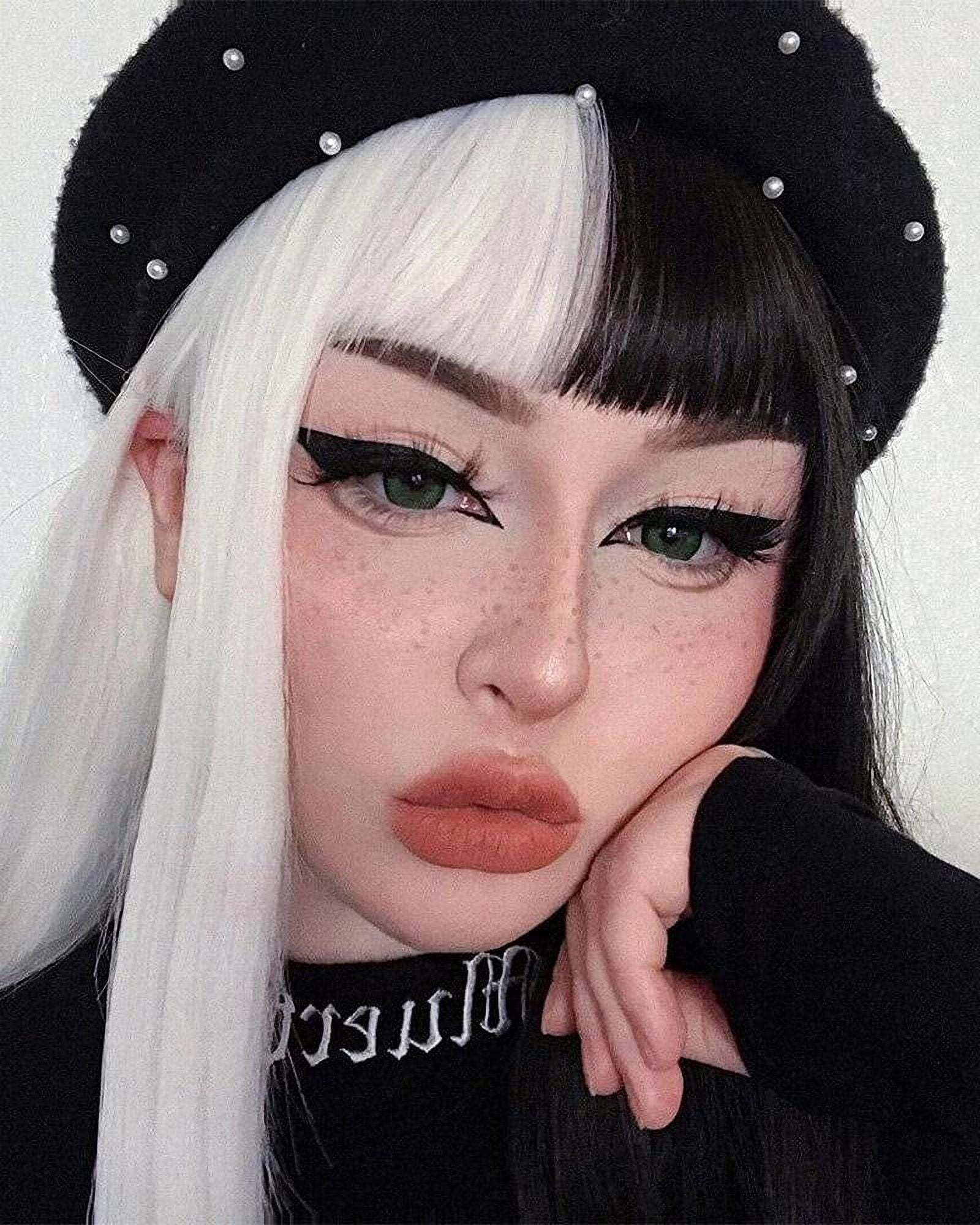 EIKODO-Half White Half Black Long Straight Cosplay Wigs with Bangs Hair ...