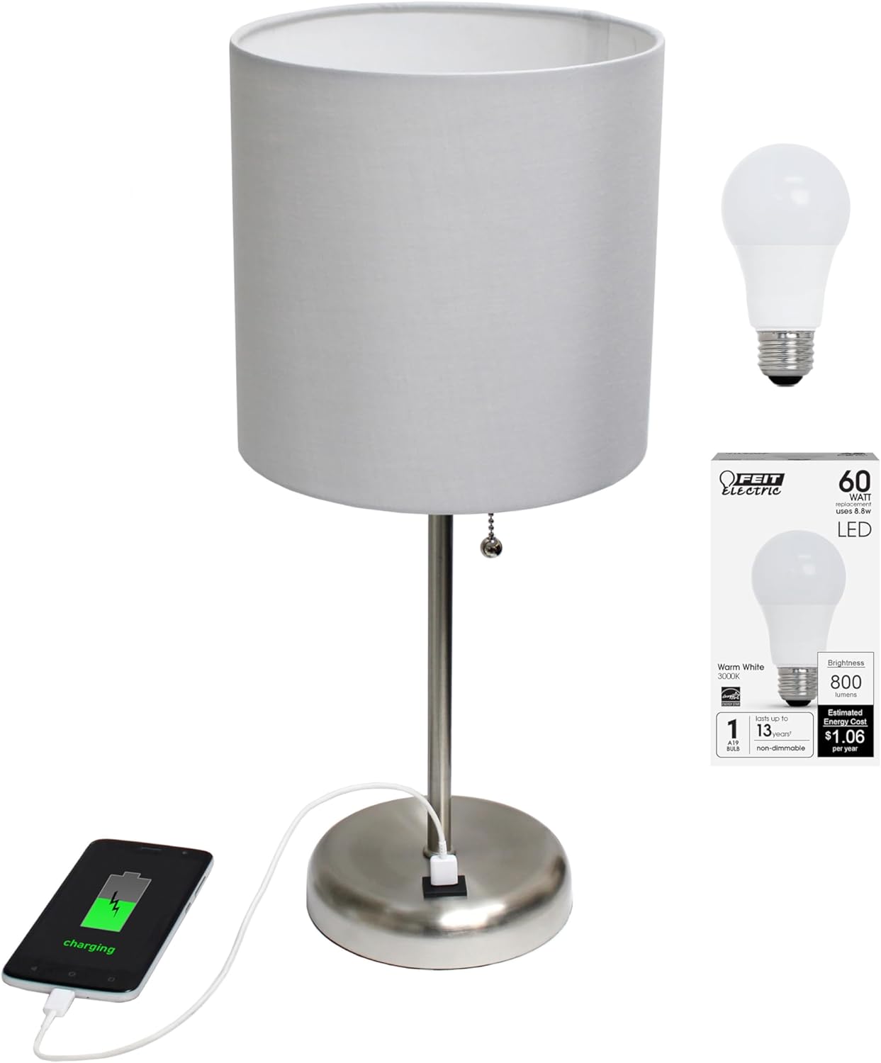 EIKODO-LT2044-GRY-LB Brushed Steel Stick Table Desk Lamp with USB ...