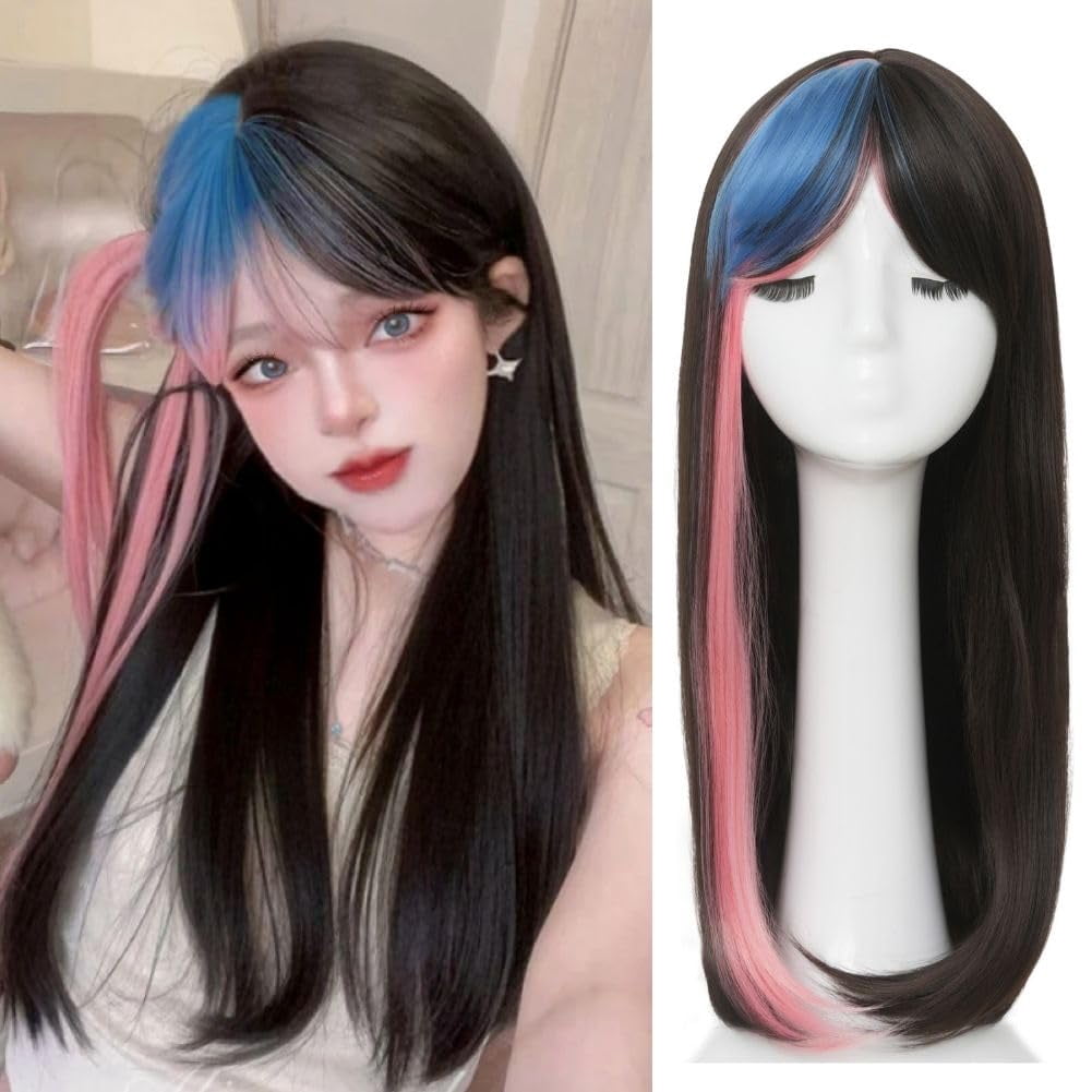 EIKODO-Long Straight Black Mix Pink Womens Wig Natural Synthetic Hair ...