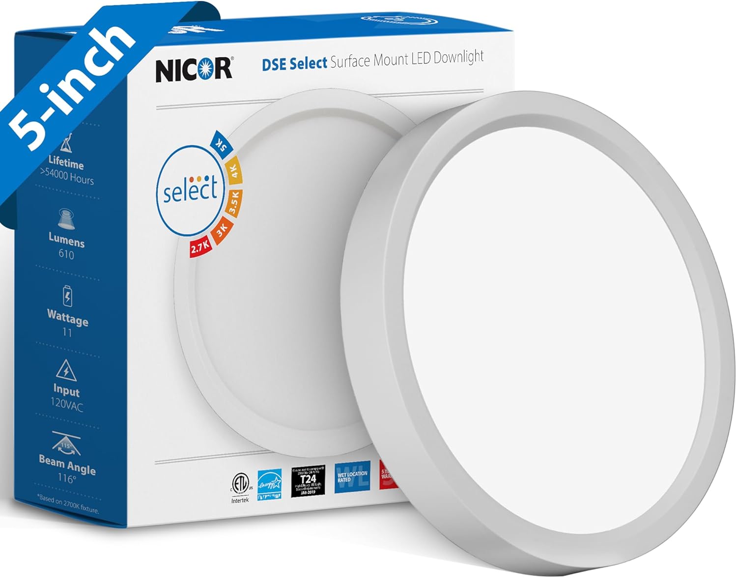 EIKODO-NICOR Lighting DSE 5-inch White Round Selectable LED Surface ...