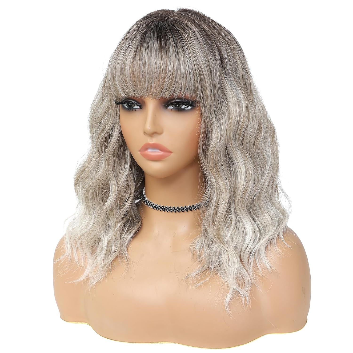 EIKODO-Ombre Gray Mix Blonde Wig with Bangs for Women 14 Inch Shoulder ...