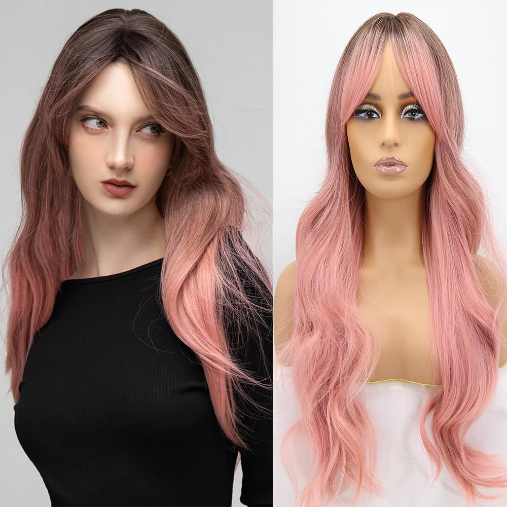 EIKODO-Ombre Pink Wig with Air Bangs Long Body Wave Mixed Pastel Pink ...