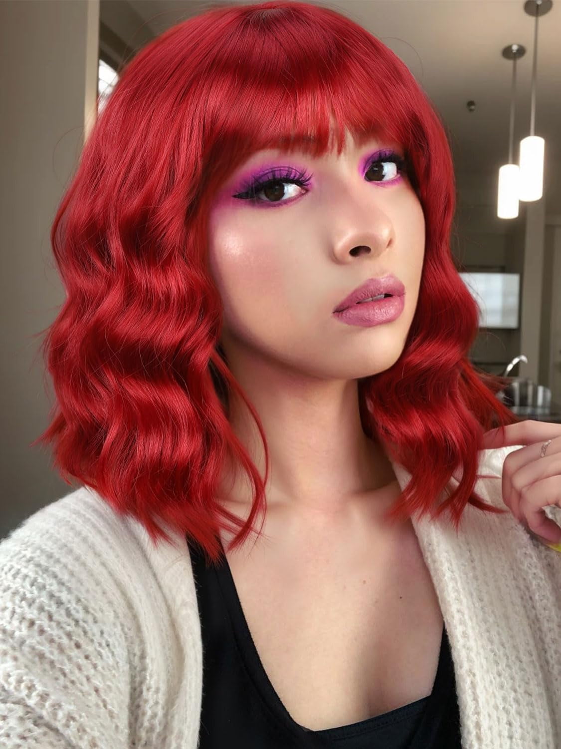 EIKODO-Red Wavy Bob Wig Short Wavy Wig with Bangs Glueless Wear and Go ...