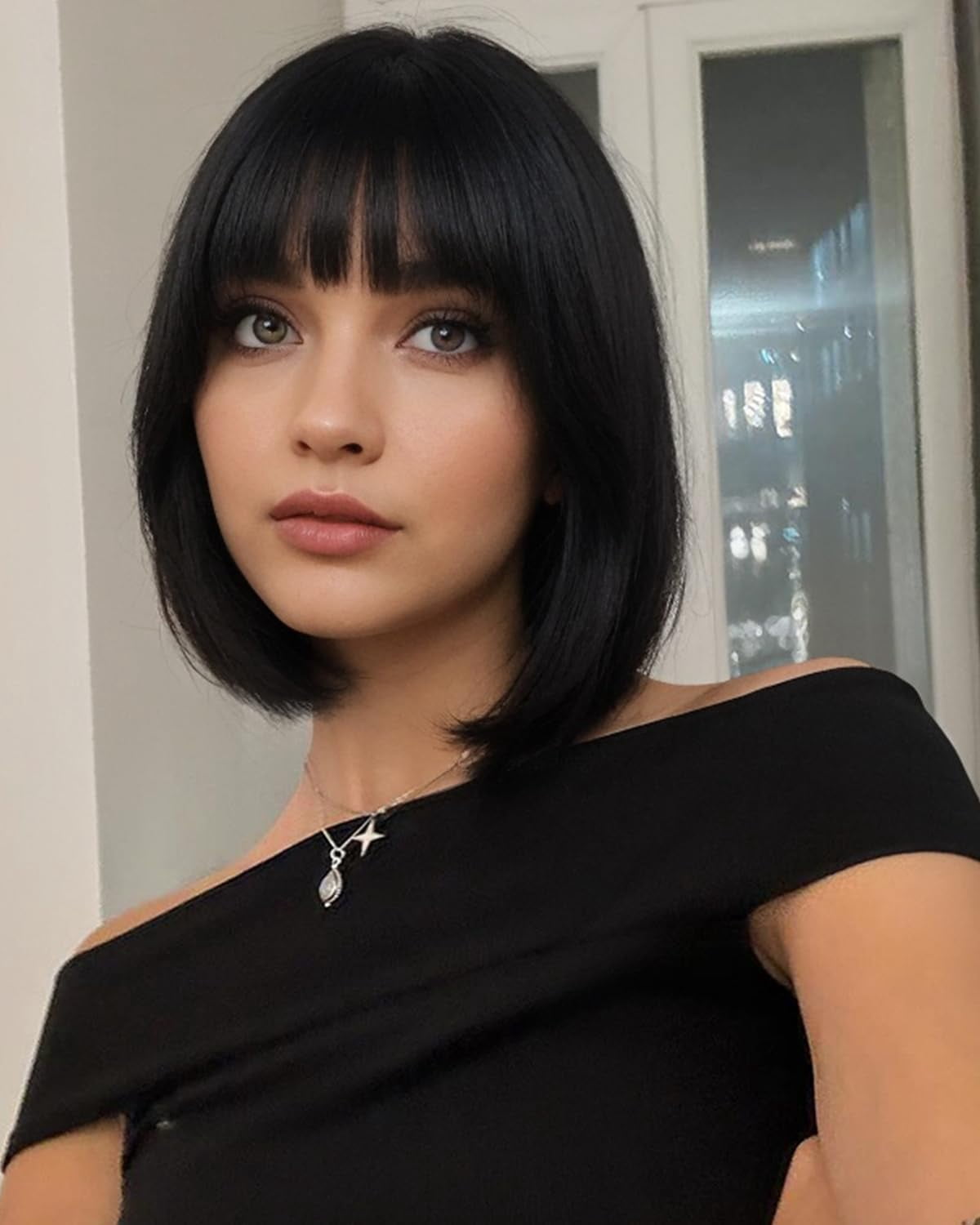 EIKODO-Short Bob Wig With Bangs 10" Light Yaki Straight Synthetic Hair ...