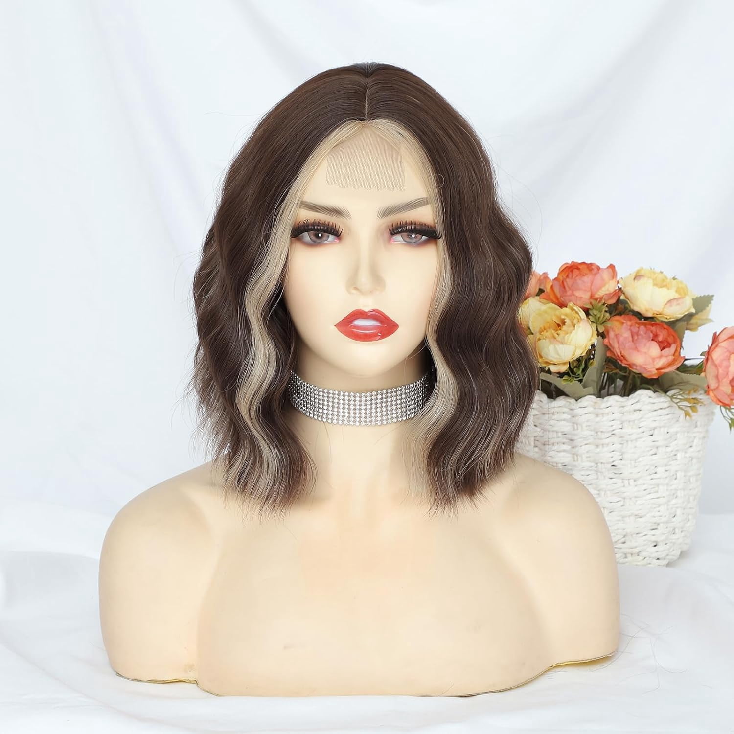 EIKODO-Short Curly Wavy Bob Wigs for Women 12 Inch Middle Part Shoulder ...