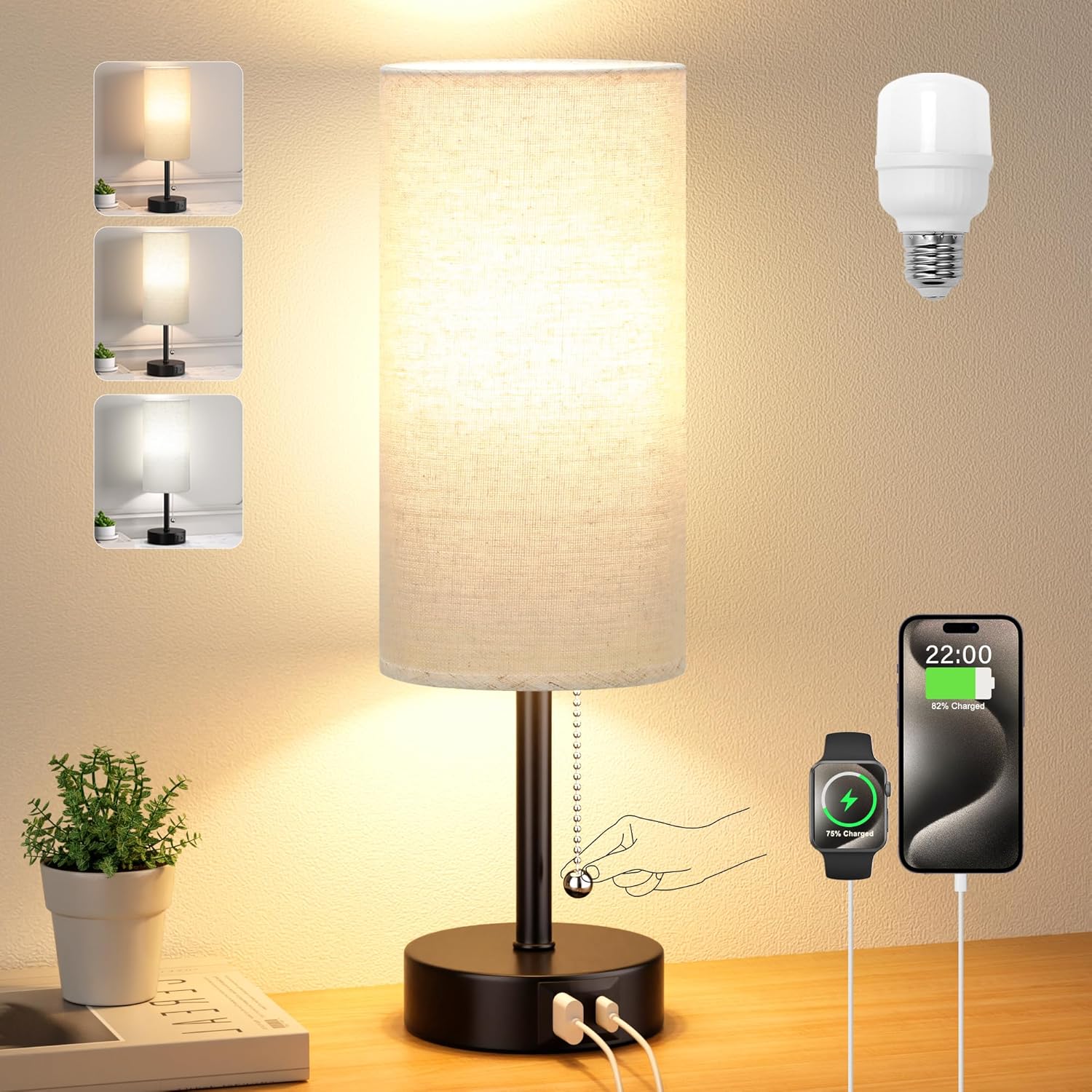 EIKODO-Small Bedside Lamp for Bedroom Nightstand - Table Lamp with USB ...