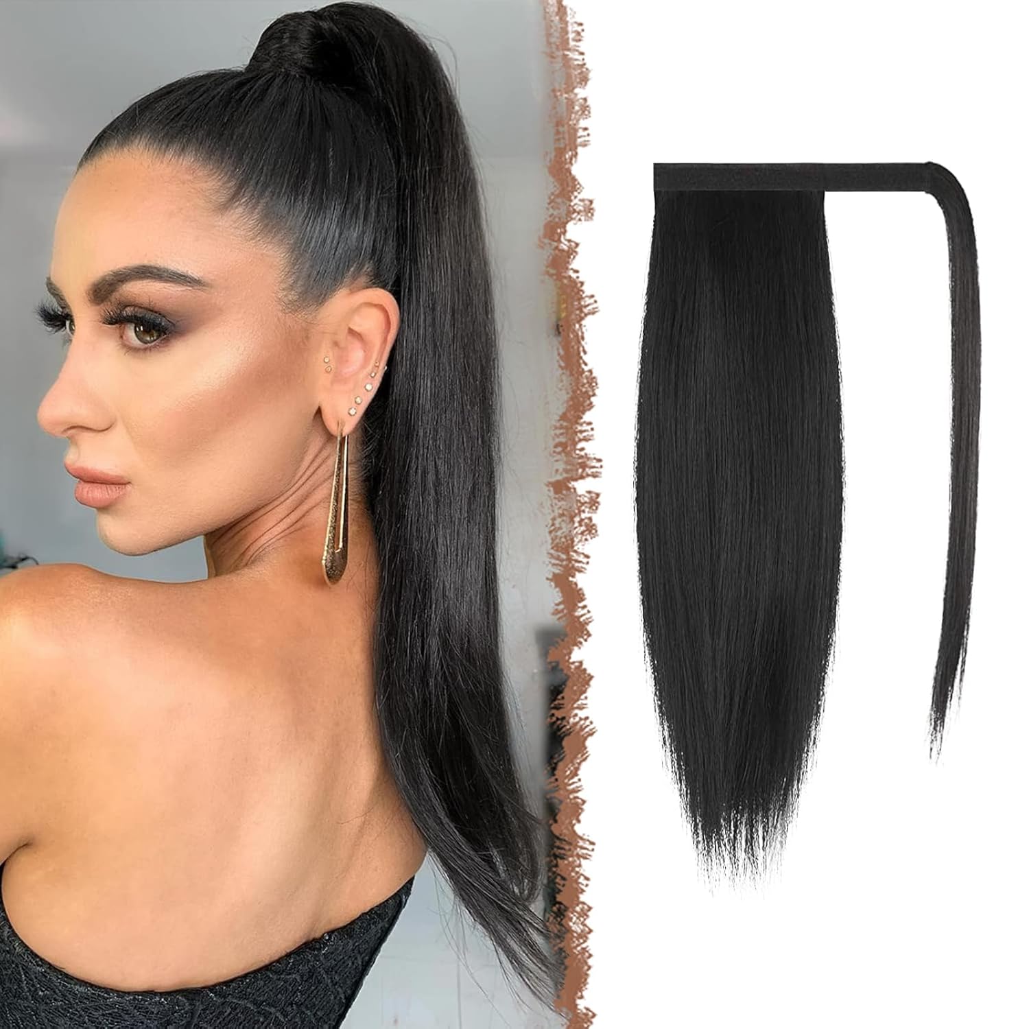 EIKODO-Straight Ponytail Extension 16 inch Natural Black Long Ponytails ...