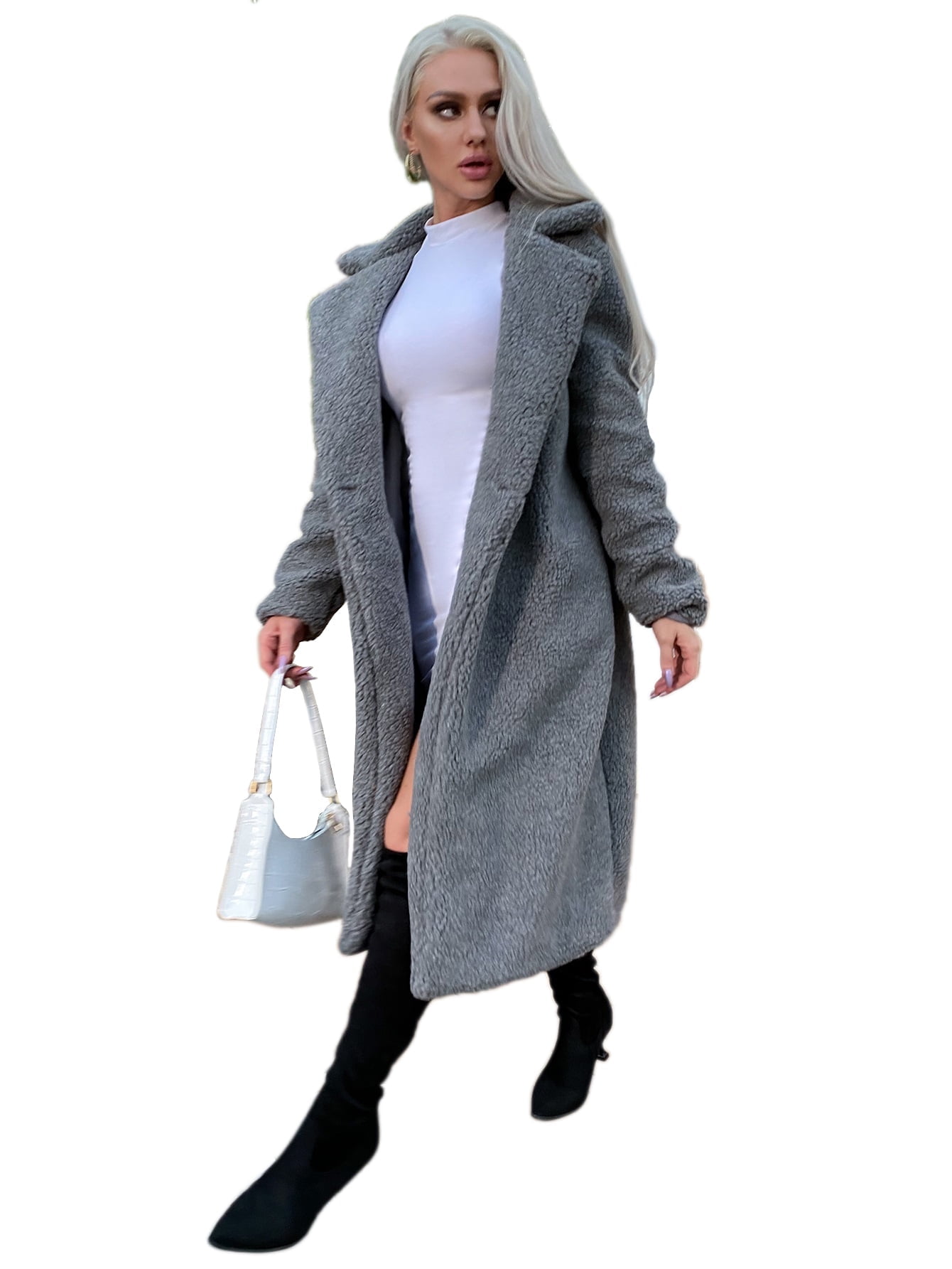 EILLY BAZAR Dark Gray Fuzzy Fleece Lapel Button Open Front Long ...