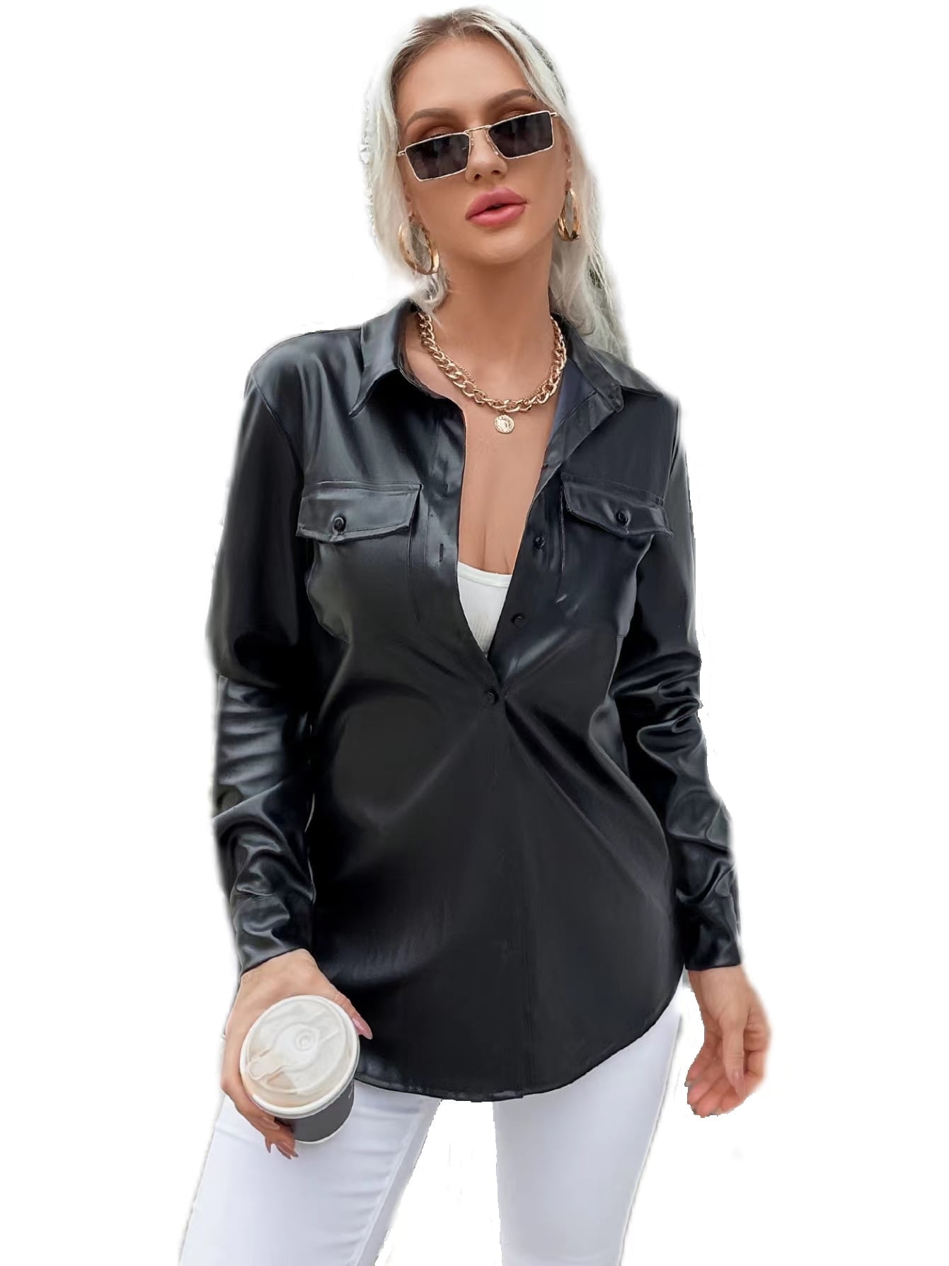 EILLY BAZAR PU Leather Shirt for Women Flap Pocket Button Up Front ...