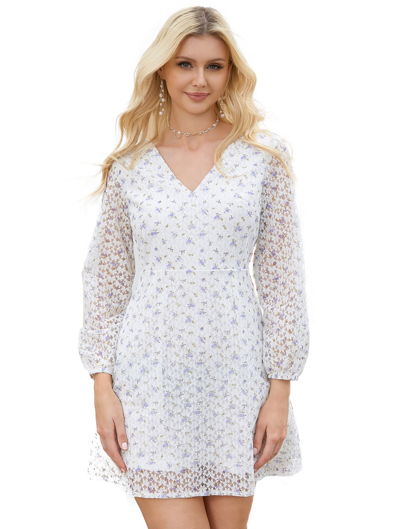 EILLY BAZAR White Ditsy Floral Print Dress for Women Long Sleeve above ...