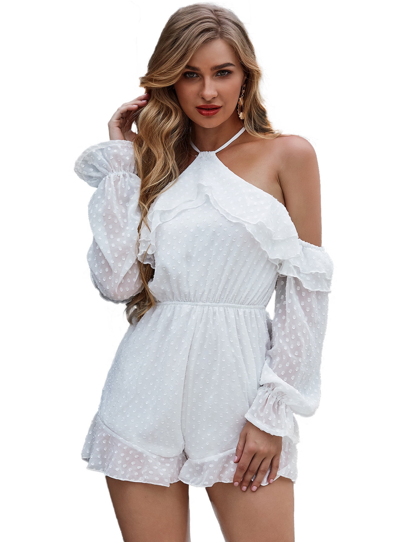 EILLY BAZAR White Dot Embroidery Halter Neck Romper for Women ...