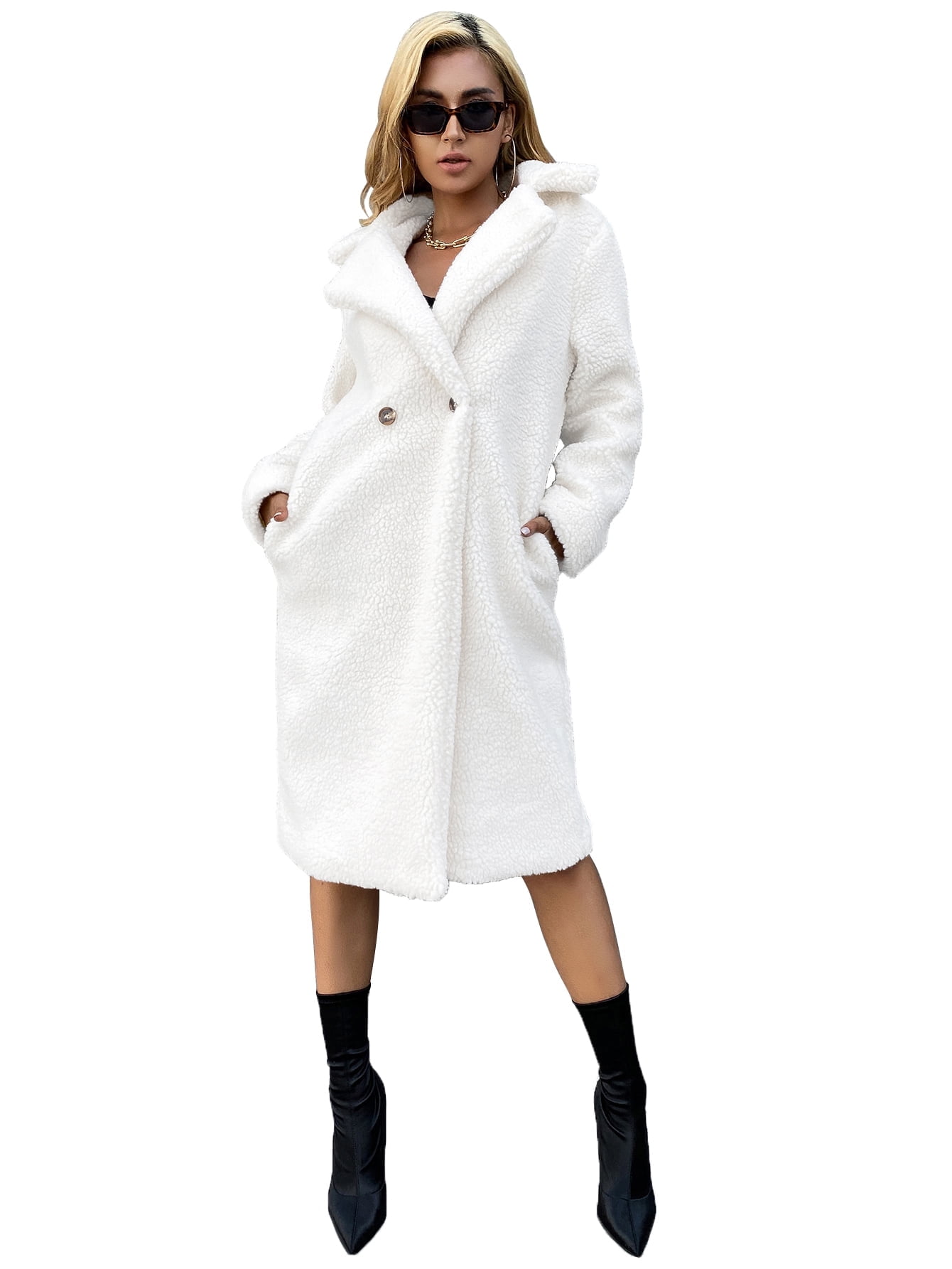 EILLY BAZAR White Fuzzy Fleece Lapel Button Open Front Long Cardigan ...