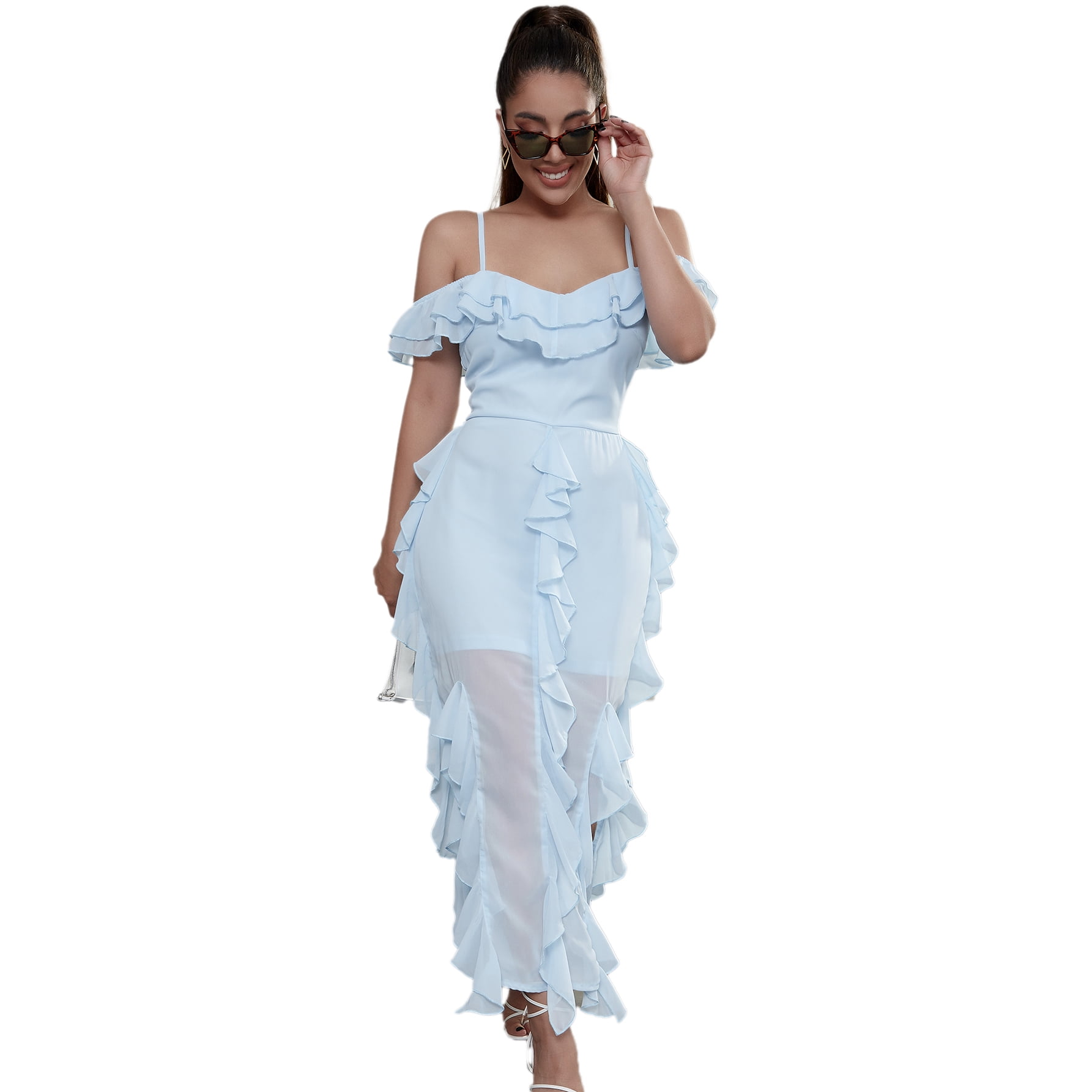 EILLY BAZAR Women's Cold Shoulder Layered Ruffle Trim Split Thigh Dress ...