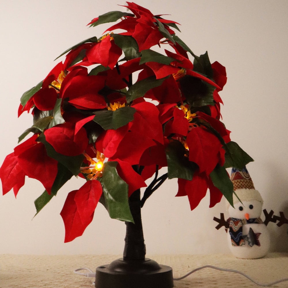 EIMELI 1 Pcs 18 LED Poinsettia Tree Lamp Red Christmas Tabletop Tree ...