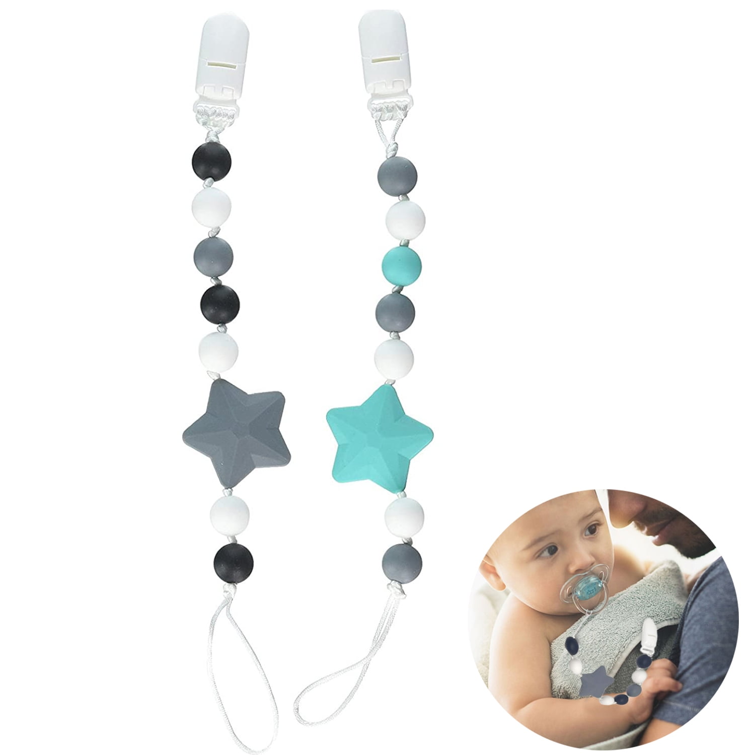 EIMELI (2 Pack) Anti-drop Silicone Baby Chew Beads Pacifier Chain,Clip ...