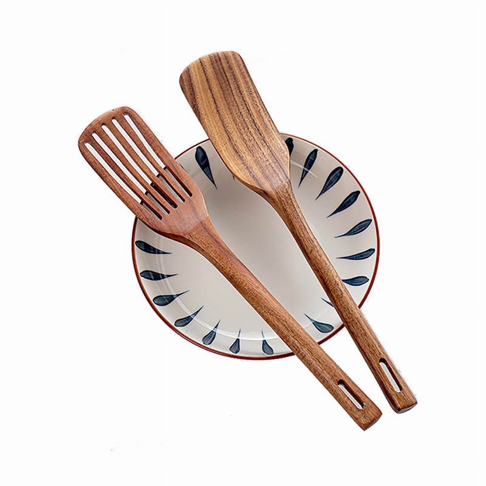 EIMELI 2 Pcs Wooden Kitchen Utensils Spoons Non Stick Spatula Cooking ...