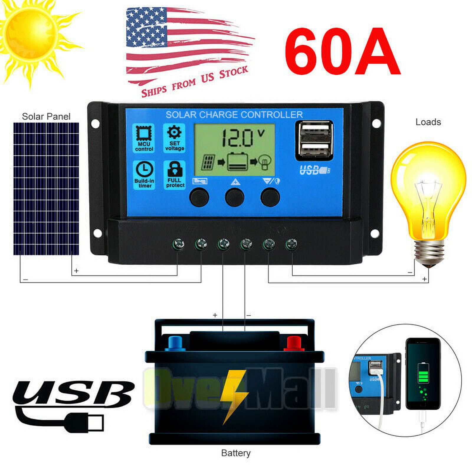 EIMELI 30A 60A Solar Charge Controller 12V/24V Auto, Solar Panel Charge ...