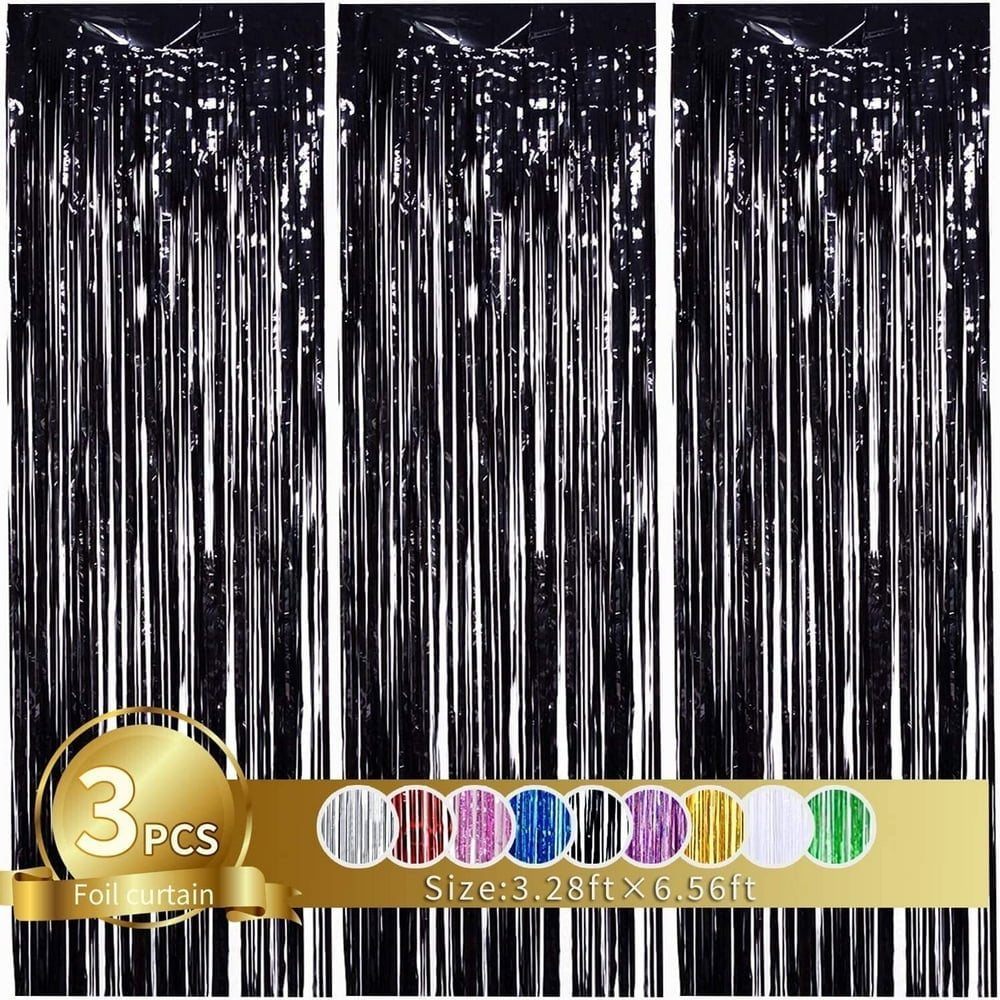 EIMELI 3Pcs Black Metallic Tinsel Foil Fringe Curtains 3.28ft x 6.56ft ...