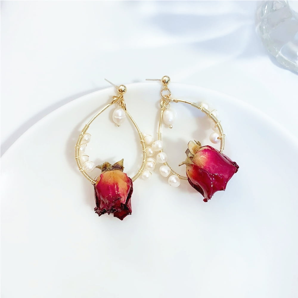 EIMELI Romantic Red Rose Earring Delicate Floral Blooming 3D Carved ...